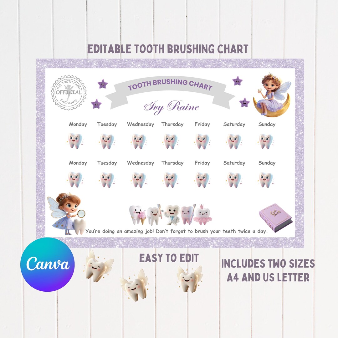 Tooth Brushing Chart Tooth Fairy Personalised Tooth Tracker Rainbow ...