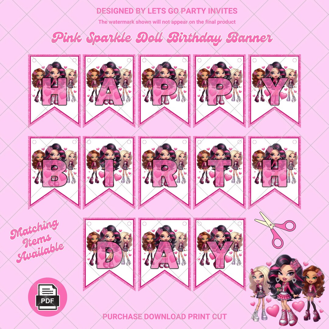 Brat Doll Birthday Banner: Glam Fashion Tween Party Printable Party ...