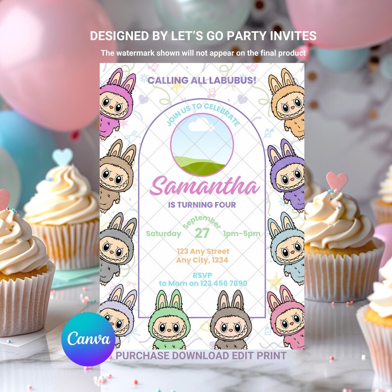Labubu Birthday Party Invitation: Photo Invite Rainbow EDITABLE ...