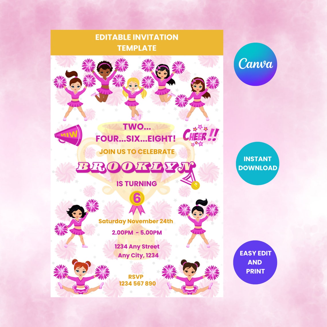 Cheerleader Birthday Invitation Invite Cheer Squad Girls EDITABLE ...