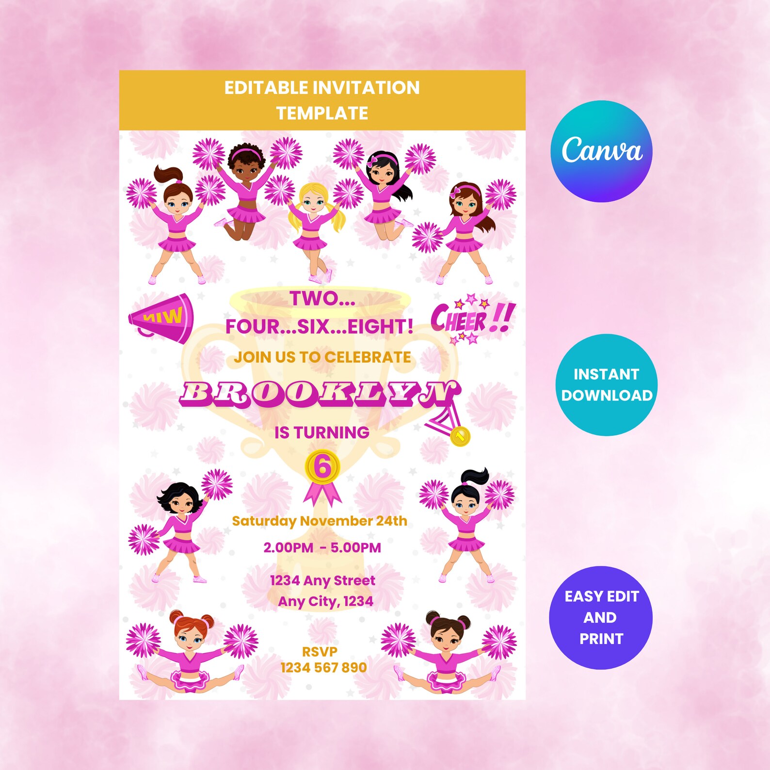Cheerleader Birthday Invitation Invite Cheer Squad Girls EDITABLE ...