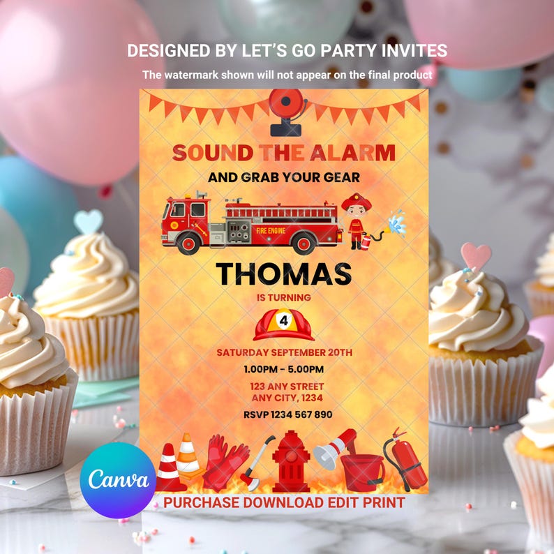 Fire Truck Birthday Invitation Fireman Fire Engine Birthday Invite ...