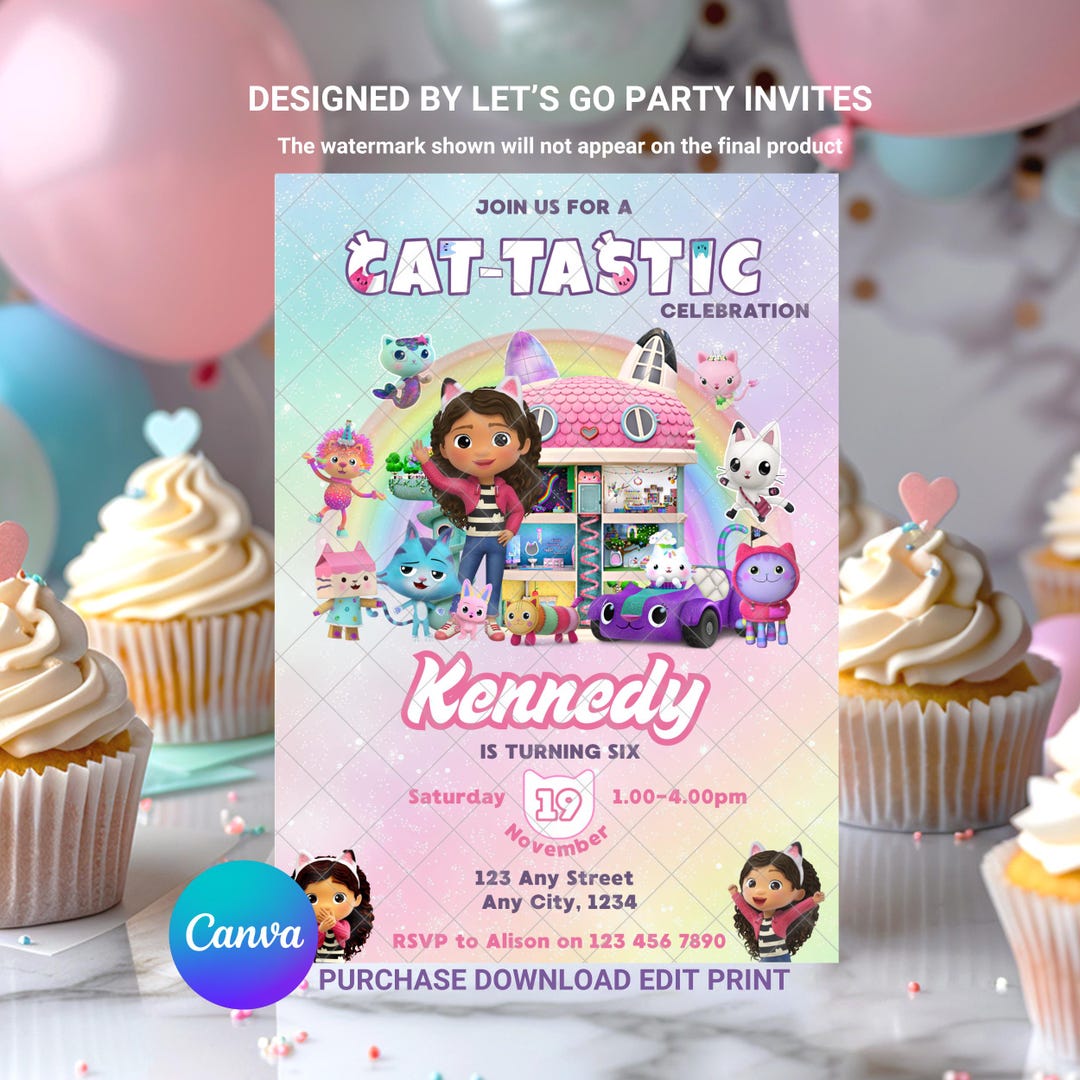 Editable Gabby's Dollhouse Birthday Invitation Pandy Catrat Cakey Kitty ...