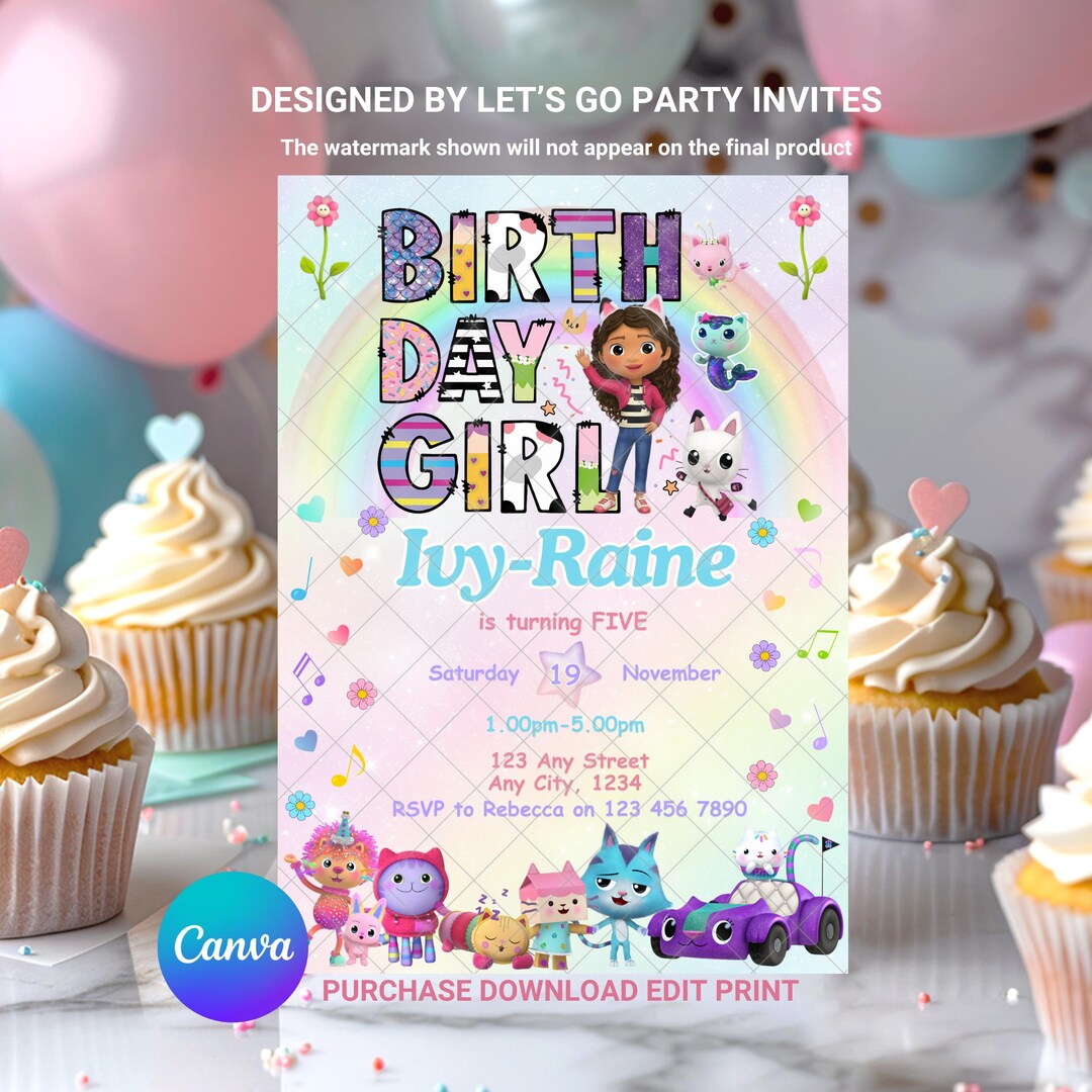 Editable Gabby's Dollhouse Birthday Invitation Pandy Catrat Cakey Kitty ...