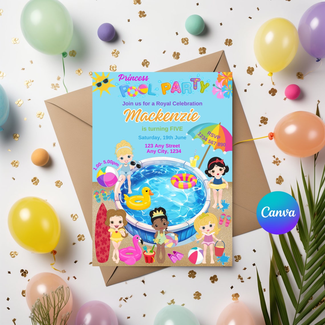 Pool Party Invitation Princess Cinderella Aurora Belle Snow White Royal ...