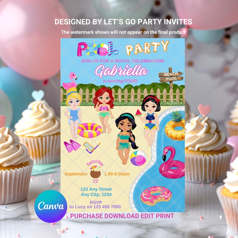 Pool Party Invitation Princess Ariel Snow White Jasmine Cinderella ...