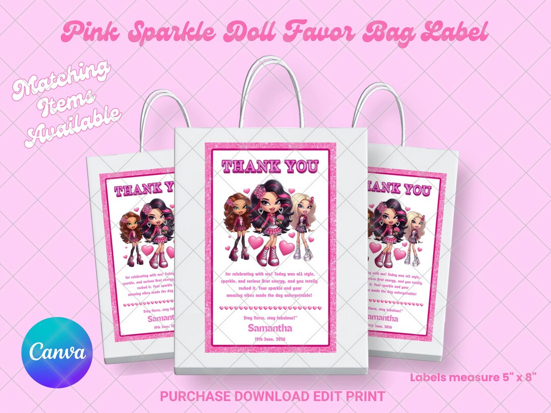Brat Doll Birthday Favor Bag Label: Glam Fashion Tween Party EDITABLE ...