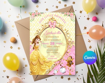 Belle Birthday Invitation Baby Beauty & the Beast Fairytale Princess ...