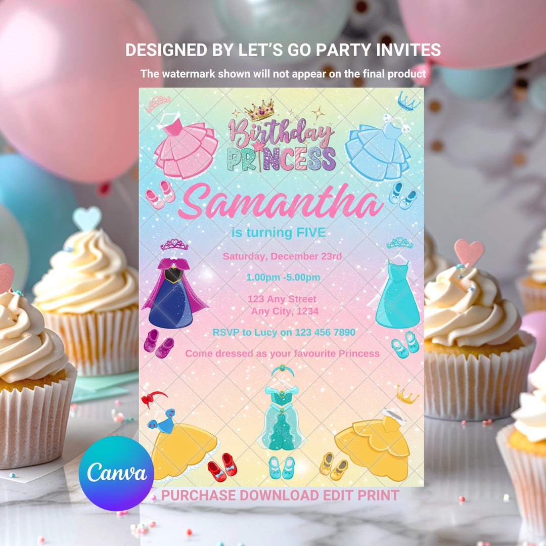Princess Birthday Invitation: Princess Dresses Fairytale EDITABLE ...