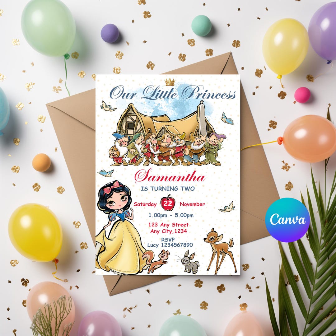 Snow White Birthday Invitation Princess Girls Royal Magical Fairytale ...