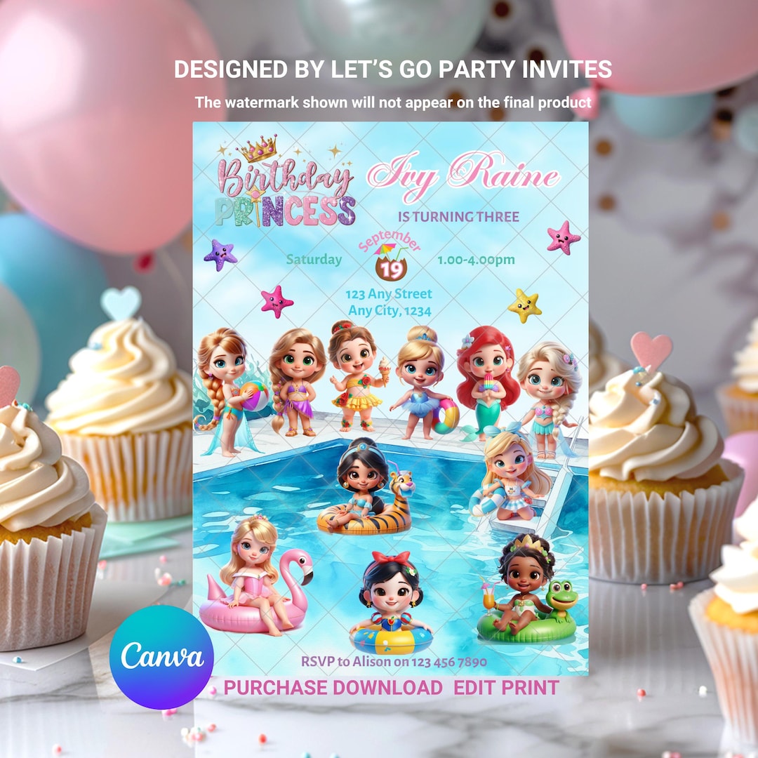 Princess Pool Party Invitation: Royal Birthday Fairytale EDITABLE ...