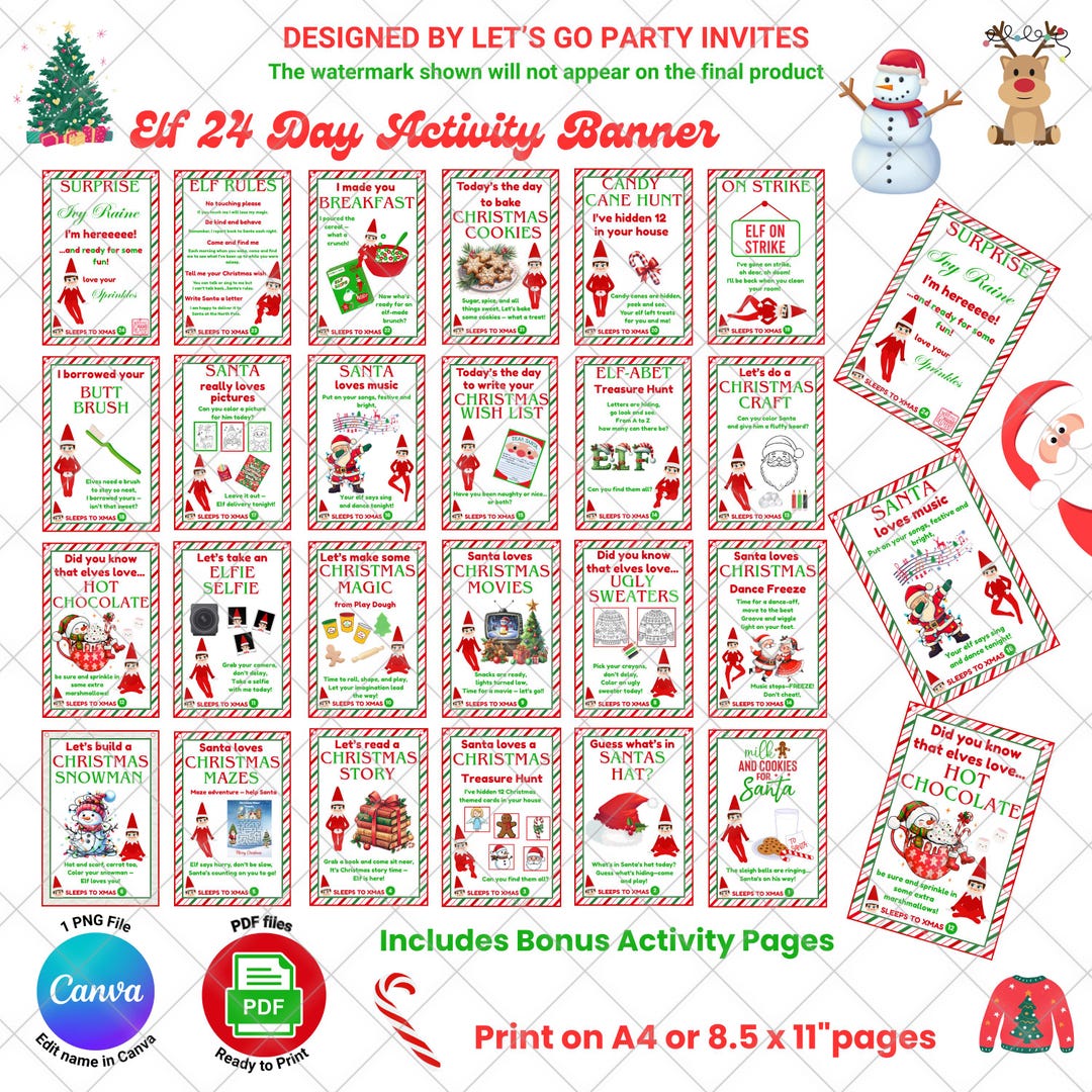 Elf 24 Day Activity Banner: Elf Signs Bonus Activities Included Elves ...