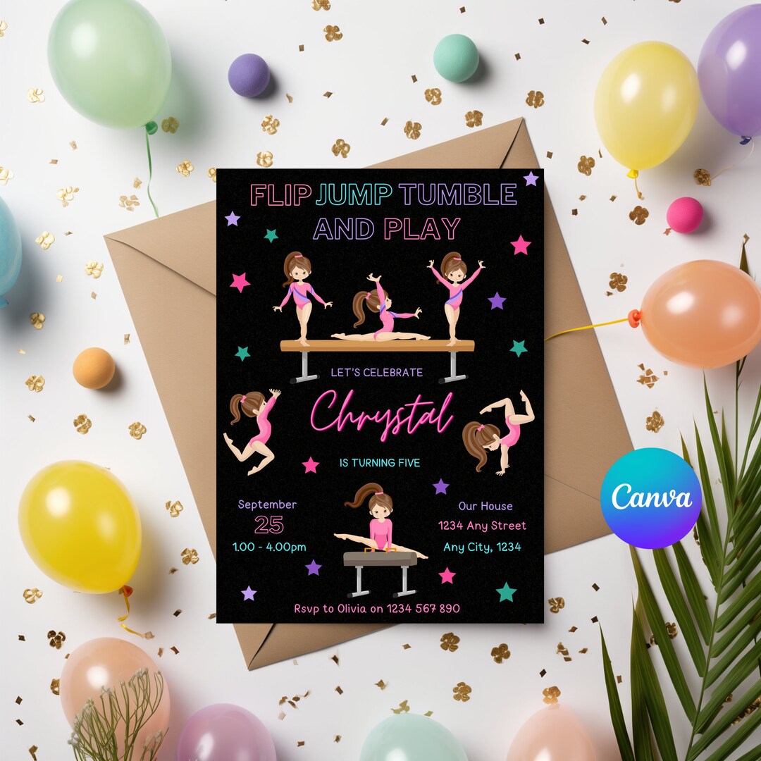 Gymnastics Birthday Invitation Invite Flip Jump Tumble Gymnast EDITABLE ...
