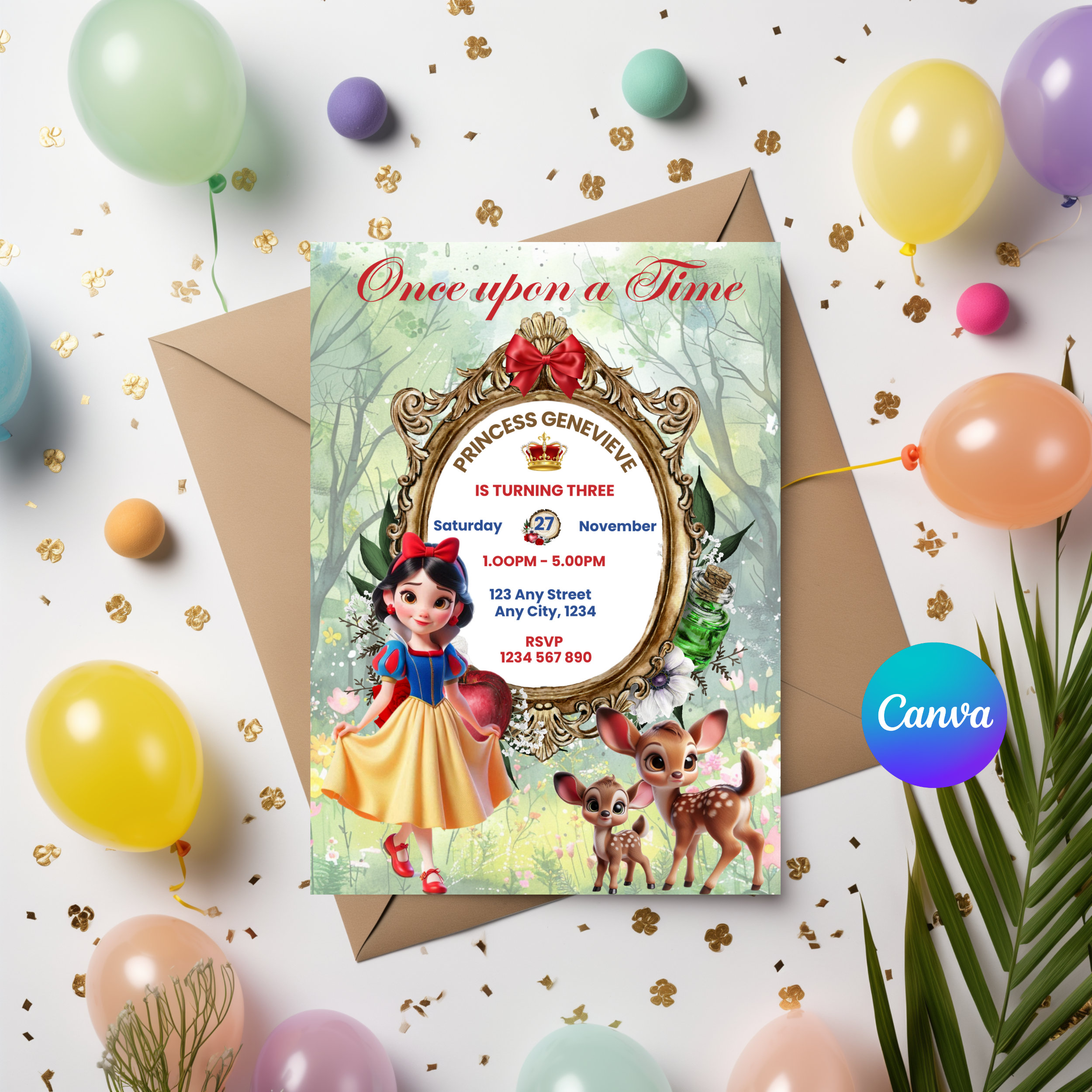 Snow White Birthday Invitation Snow Invite Fairytale Princess EDITABLE ...