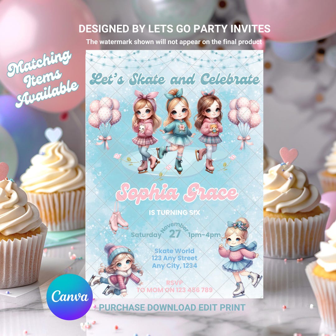 Ice Skating Party Invitation: Ice Rink Pastel Girl's Birthday Editable ...