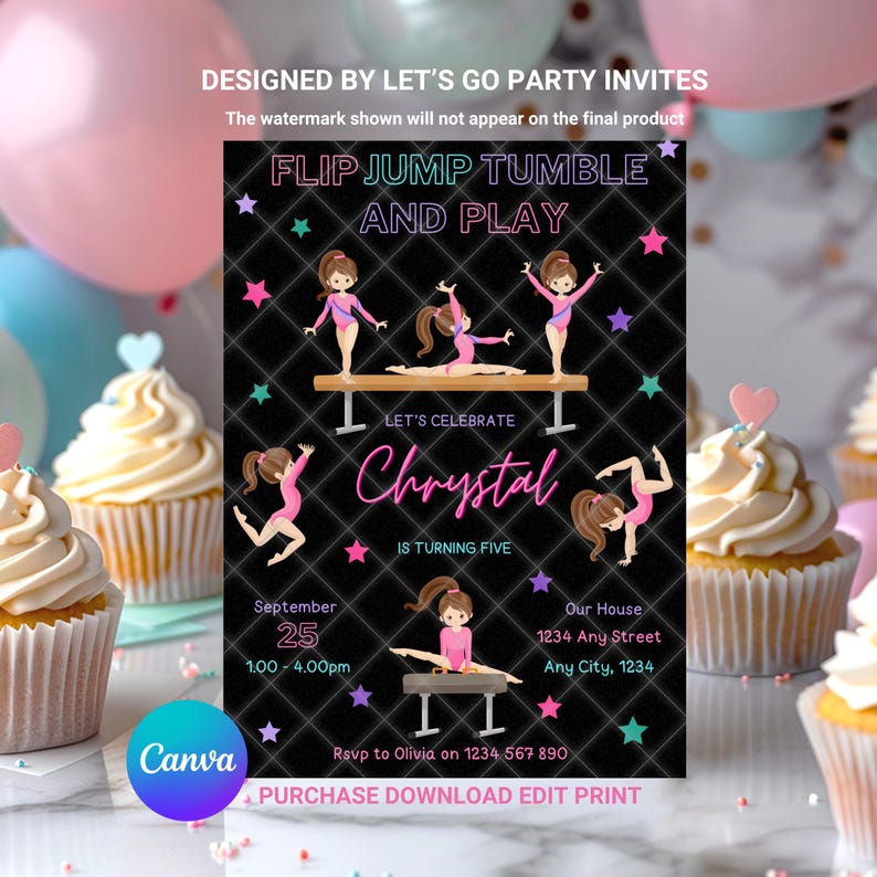 Gymnastics Birthday Invitation: Invite Flip Jump Tumble Gymnast ...