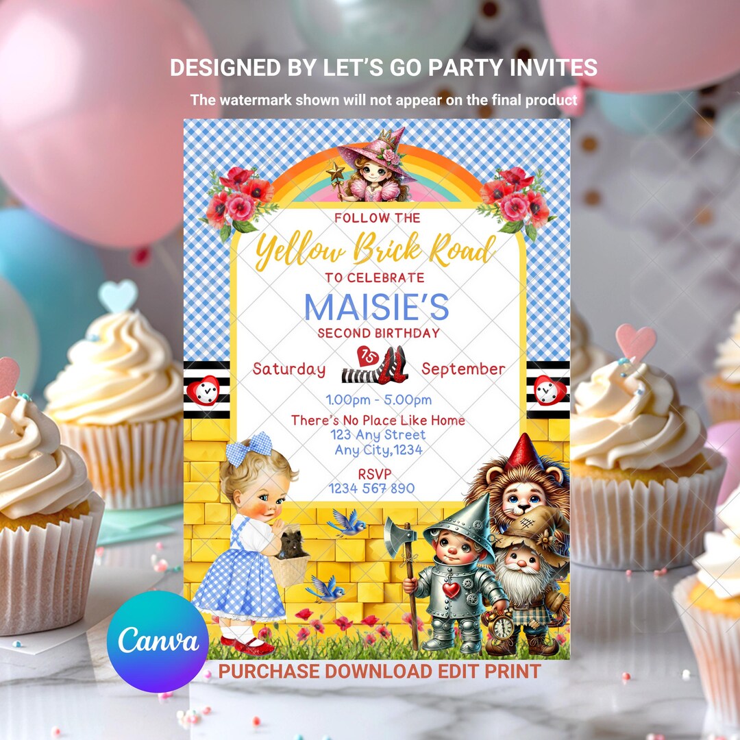 Wizard of Oz Birthday Invitation Over the Rainbow Dorothy Ruby Slippers ...