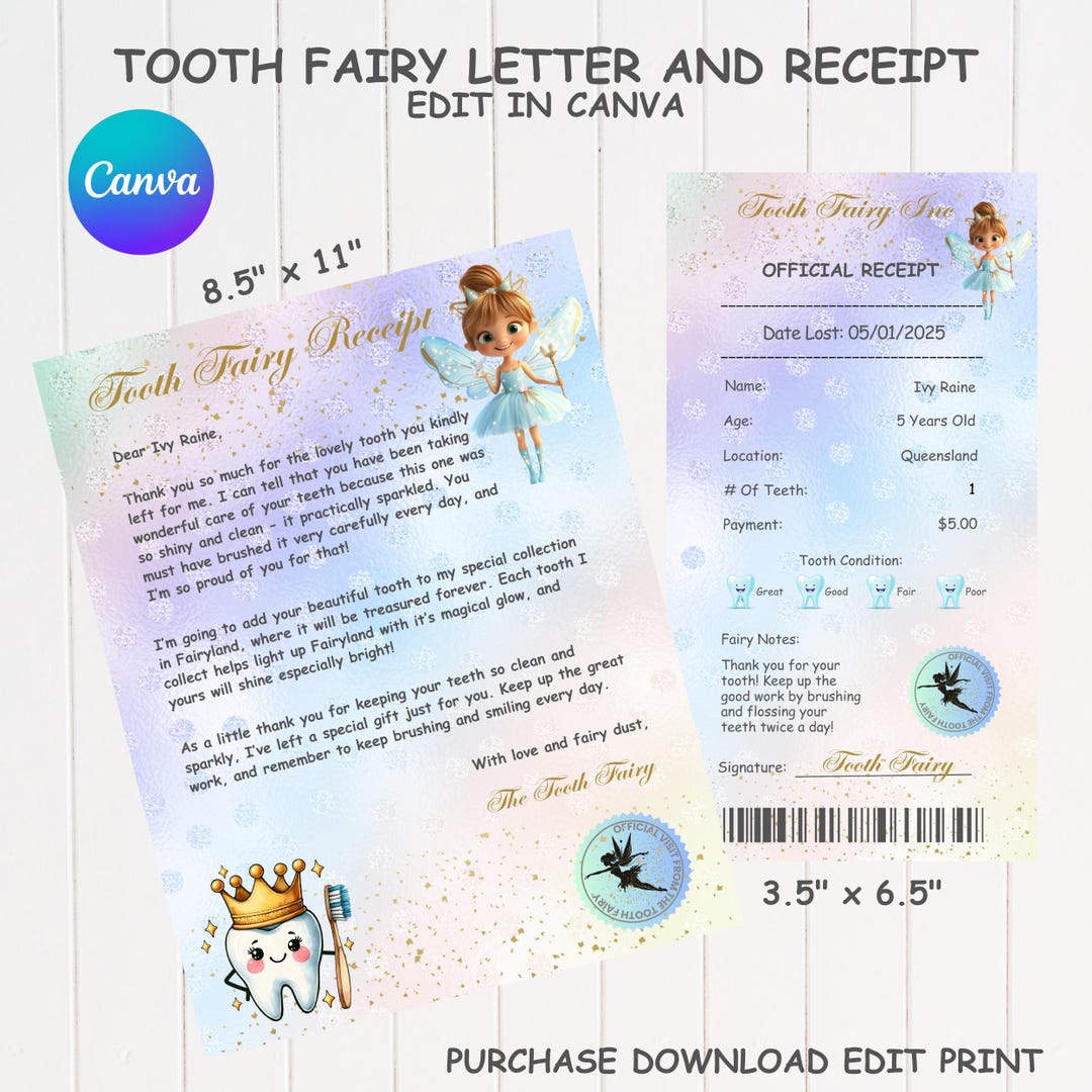Tooth Fairy Letter and Receipt Lost Tooth Fairy Kids Fairy Note Rainbow ...