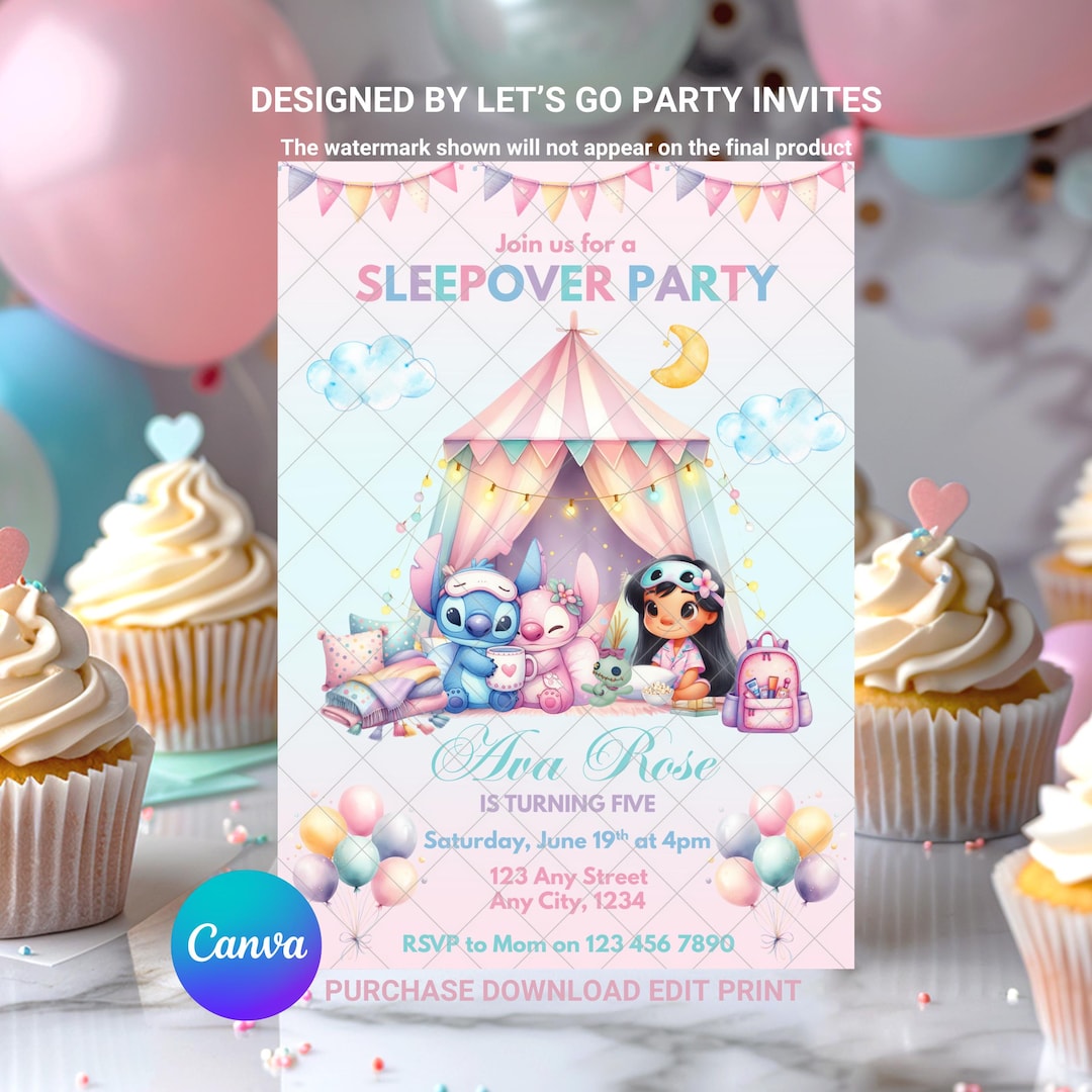 Stitch Lilo Angel Sleepover Birthday Invitation: Slumber Party EDITABLE ...