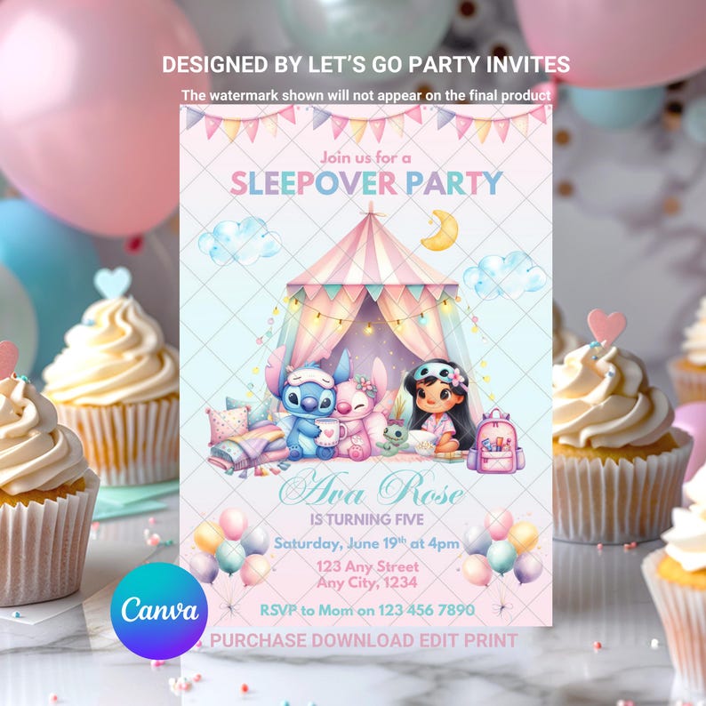Stitch Lilo Angel Sleepover Birthday Invitation: Slumber Party EDITABLE ...