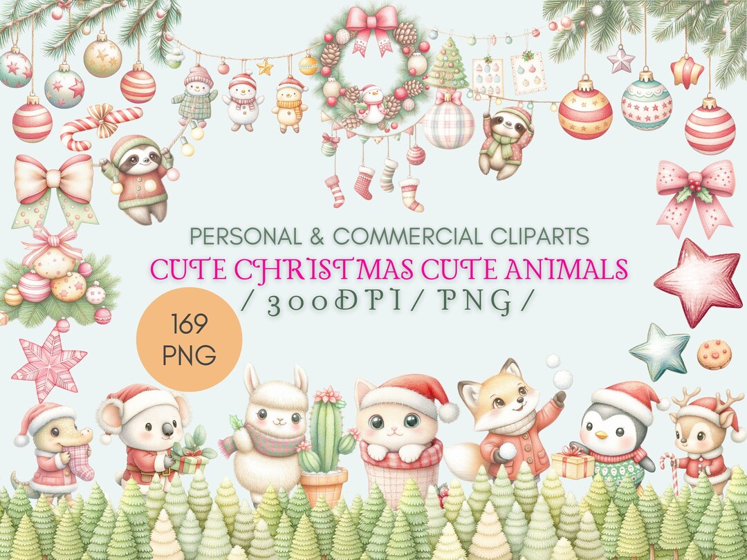Christmas Animal Clipart Bundle, Cute Christmas Animals PNG, Watercolor ...