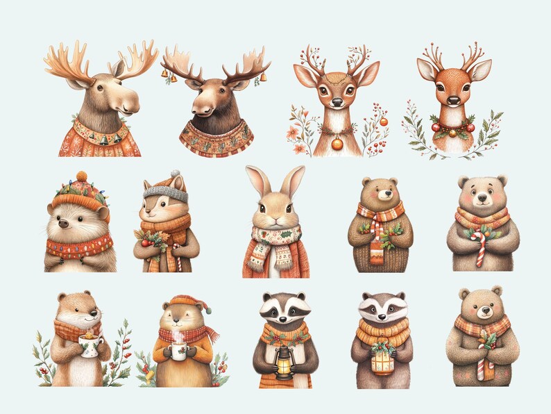 Boho Woodland Animals Christmas Clipart Watercolor Bundle of Fox, Bear ...