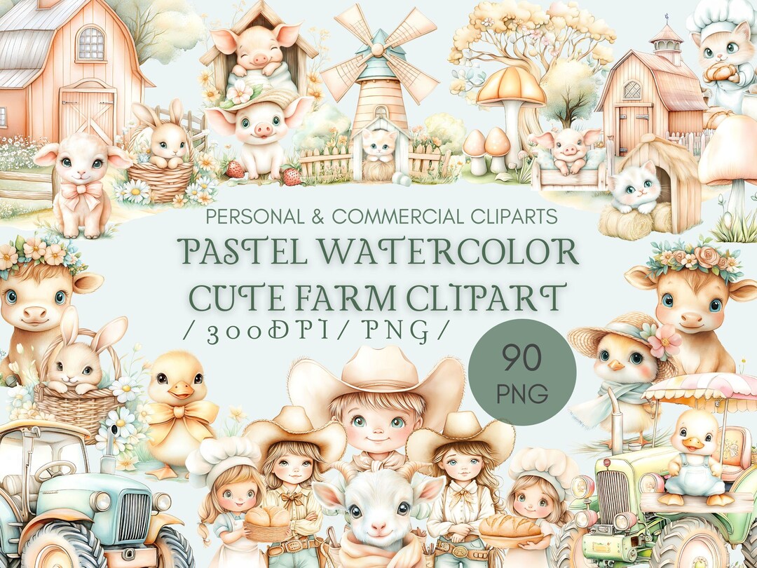Pastel Watercolor Cute Farm Clipart Bundle, Farm Animal,farmhouse ...