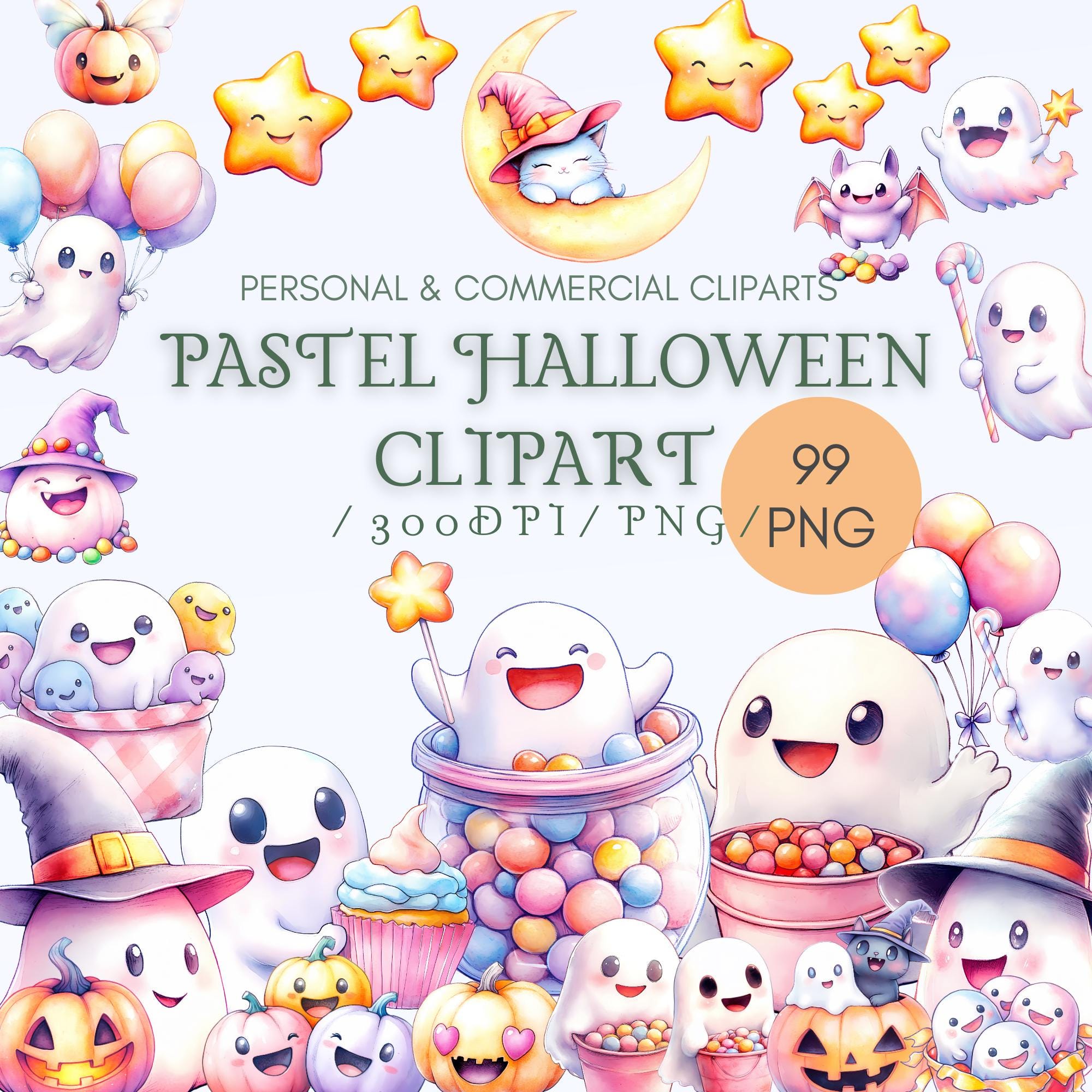 Watercolor Cute Halloween Clipart, Cute Pastel Halloween Clipart, Pink ...