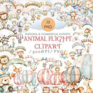Animal Flight Clipart Bundle: Nursery Hot Air Balloon PNG (digital ...