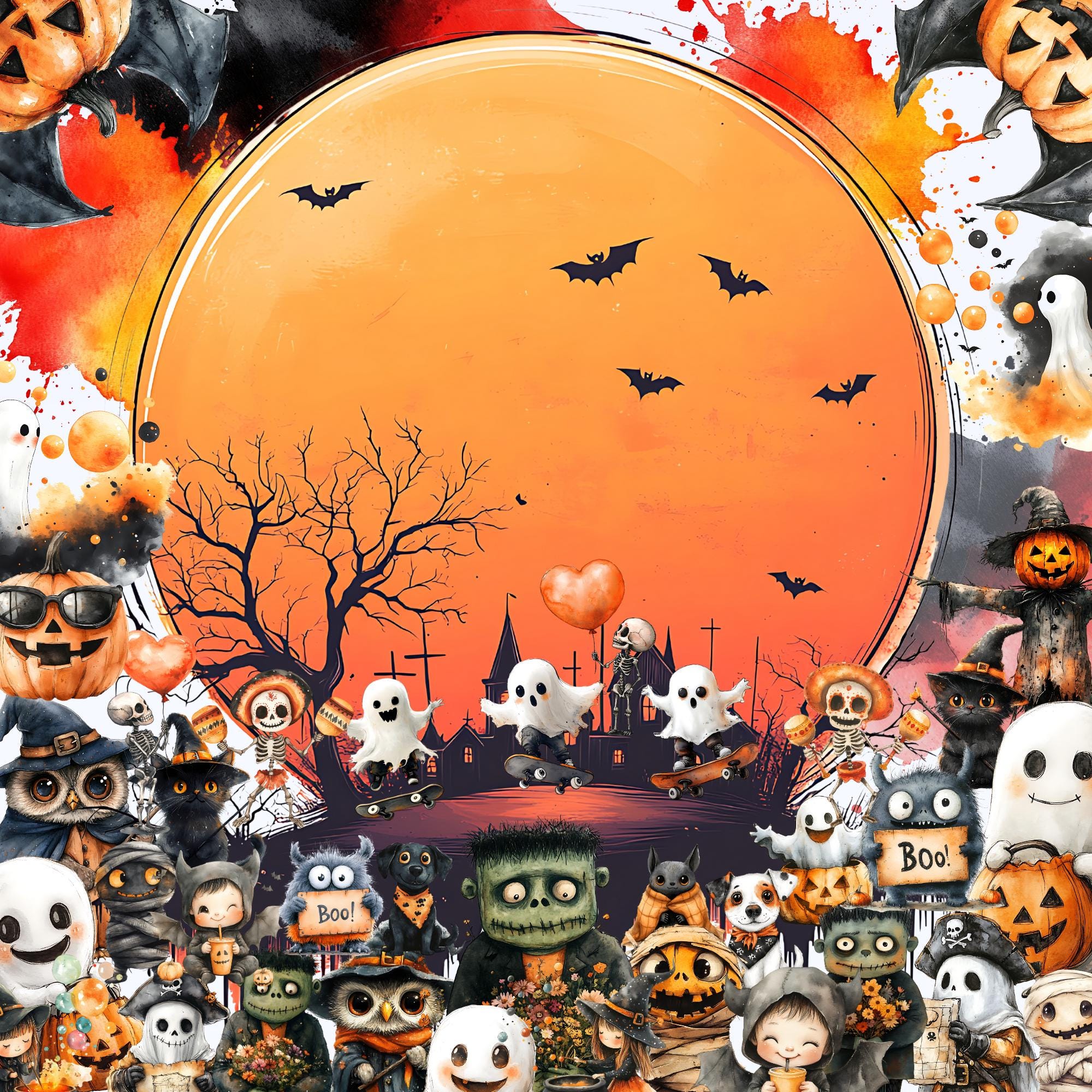 Watercolor Halloween Clipart Bundle, 100 PNG Files, Spooky Cute ...