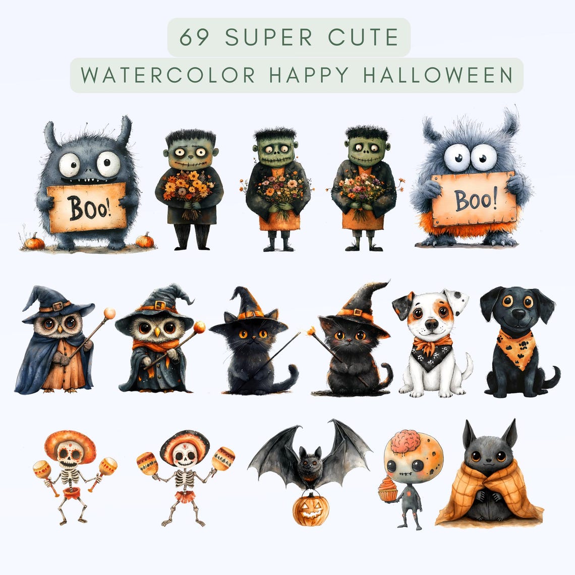 Watercolor Halloween Clipart Bundle, 100 PNG Files, Spooky Cute ...
