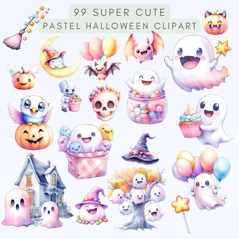 Watercolor Cute Halloween Clipart, Cute Pastel Halloween Clipart, Pink ...