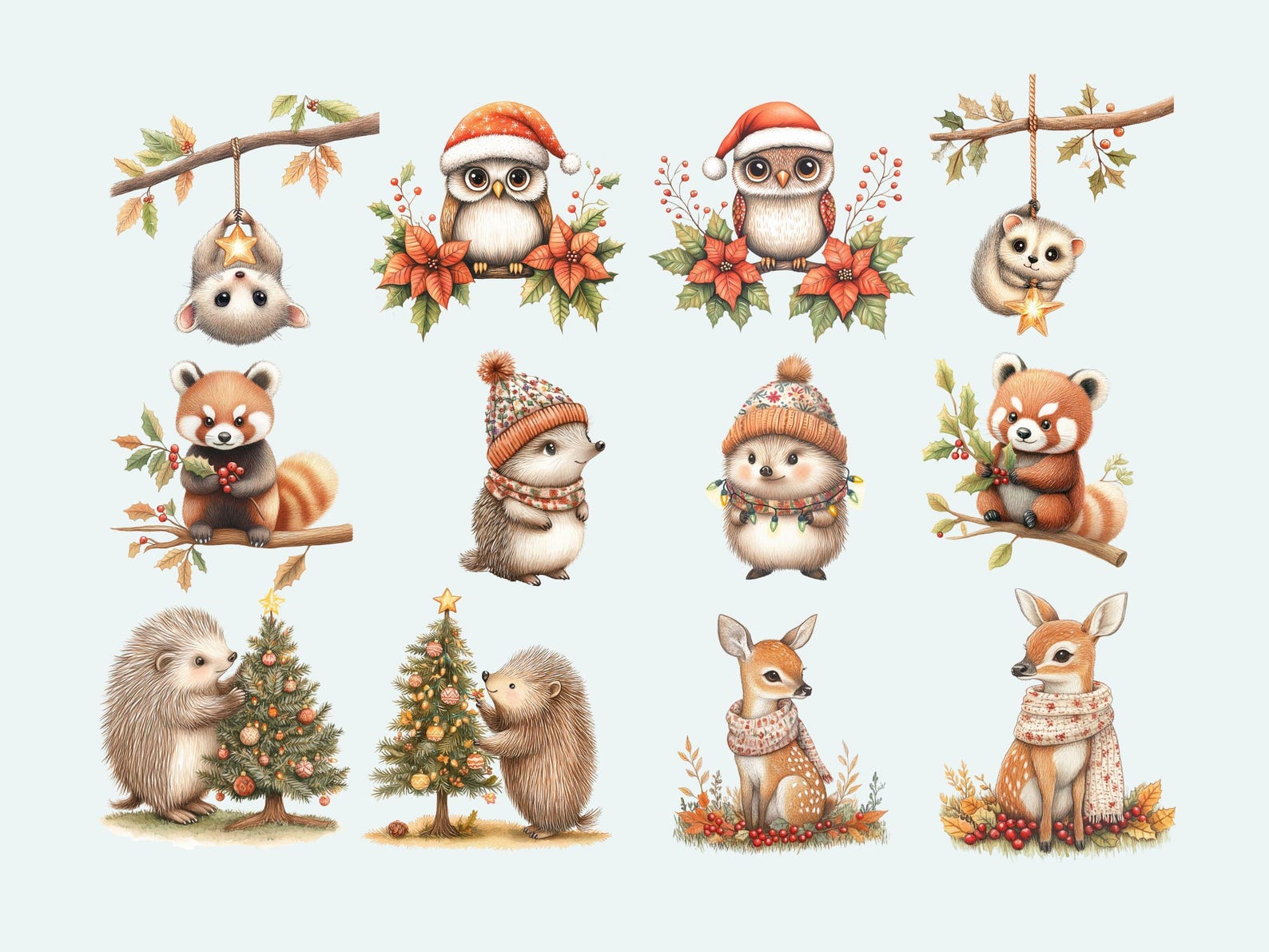 Boho Woodland Animals Christmas Clipart Watercolor Bundle of Fox, Bear ...