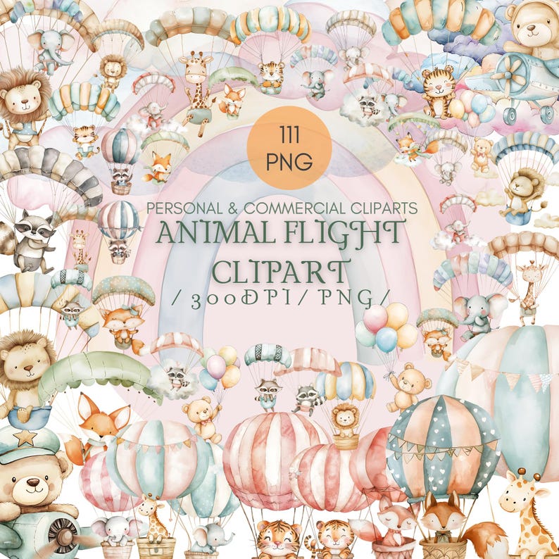 Animal Flight Clipart Bundle: Nursery Hot Air Balloon PNG (digital ...