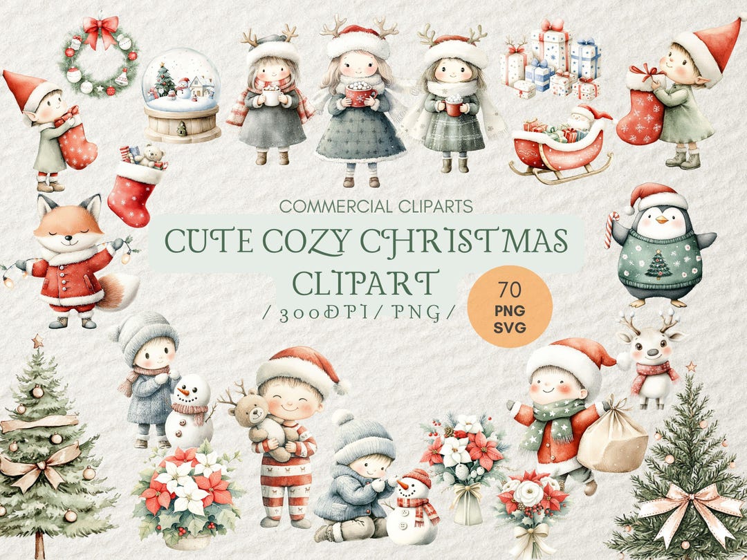 Cute Cozy Christmas Clipart Bundle, Watercolor Holiday Clipart Set, PNG ...