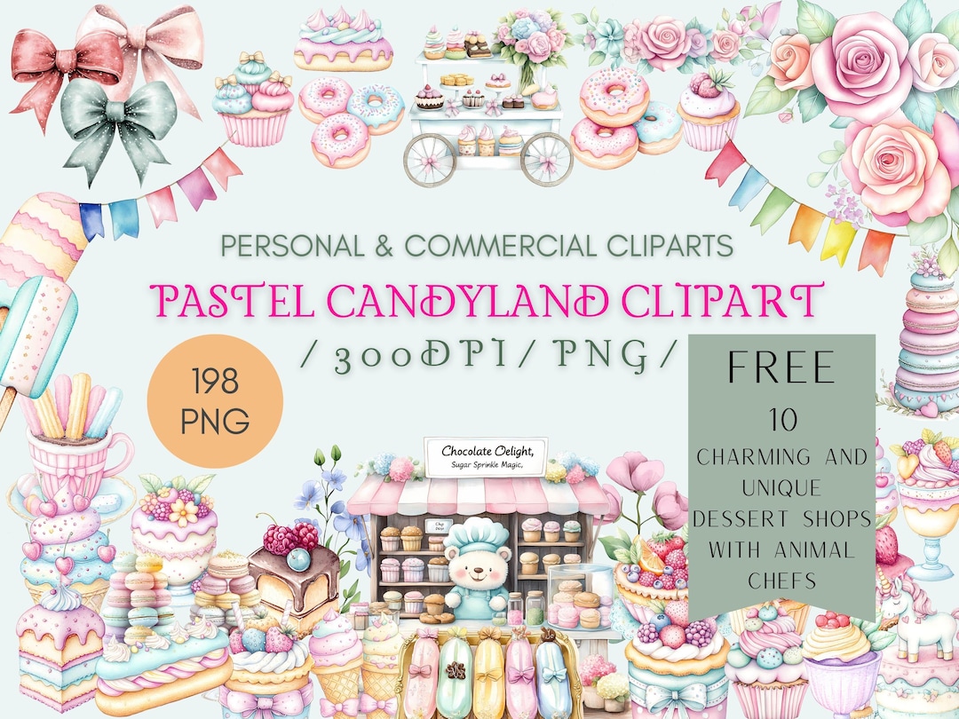 Pastel Candyland Clipart Bundle: Watercolor Sweets, Animal Chefs (PNG ...