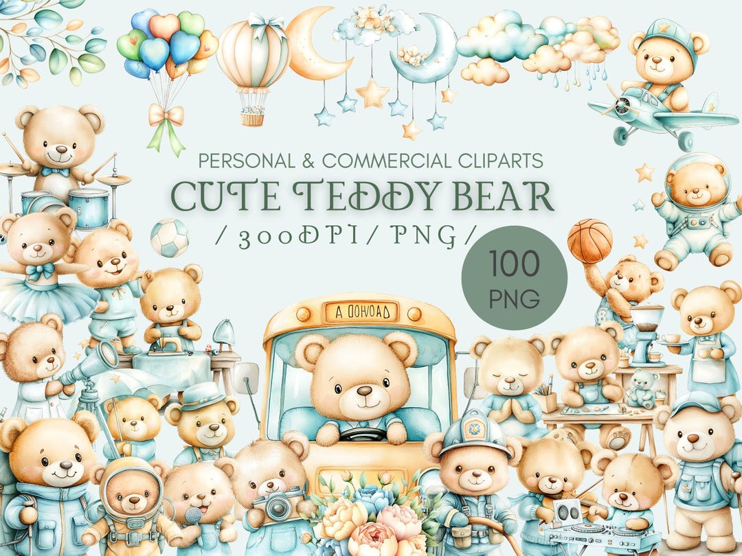 Teddy Bear Clipart, Baby Shower Clipart,adorable Watercolor Teddy Bear ...