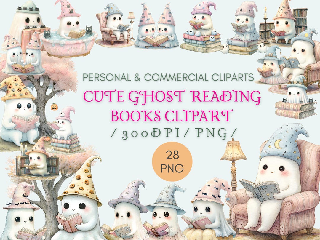 Ghostly Book Lovers Clipart Bundle, Charming Kawaii Library Art Prints ...