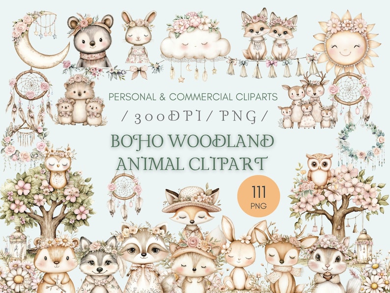 Boho Woodland Animals Watercolor Clipart Bundle, Cute Forest Animals ...