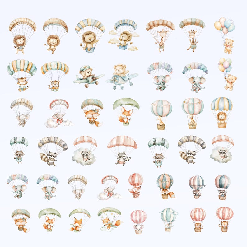 Animal Flight Clipart Bundle: Nursery Hot Air Balloon PNG (digital ...