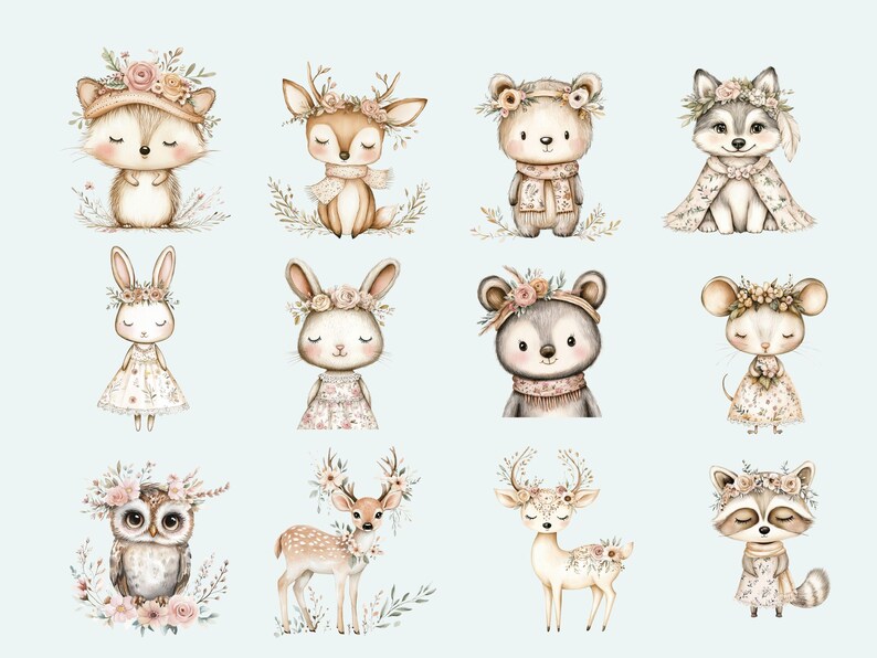 Boho Woodland Animals Watercolor Clipart Bundle, Cute Forest Animals ...
