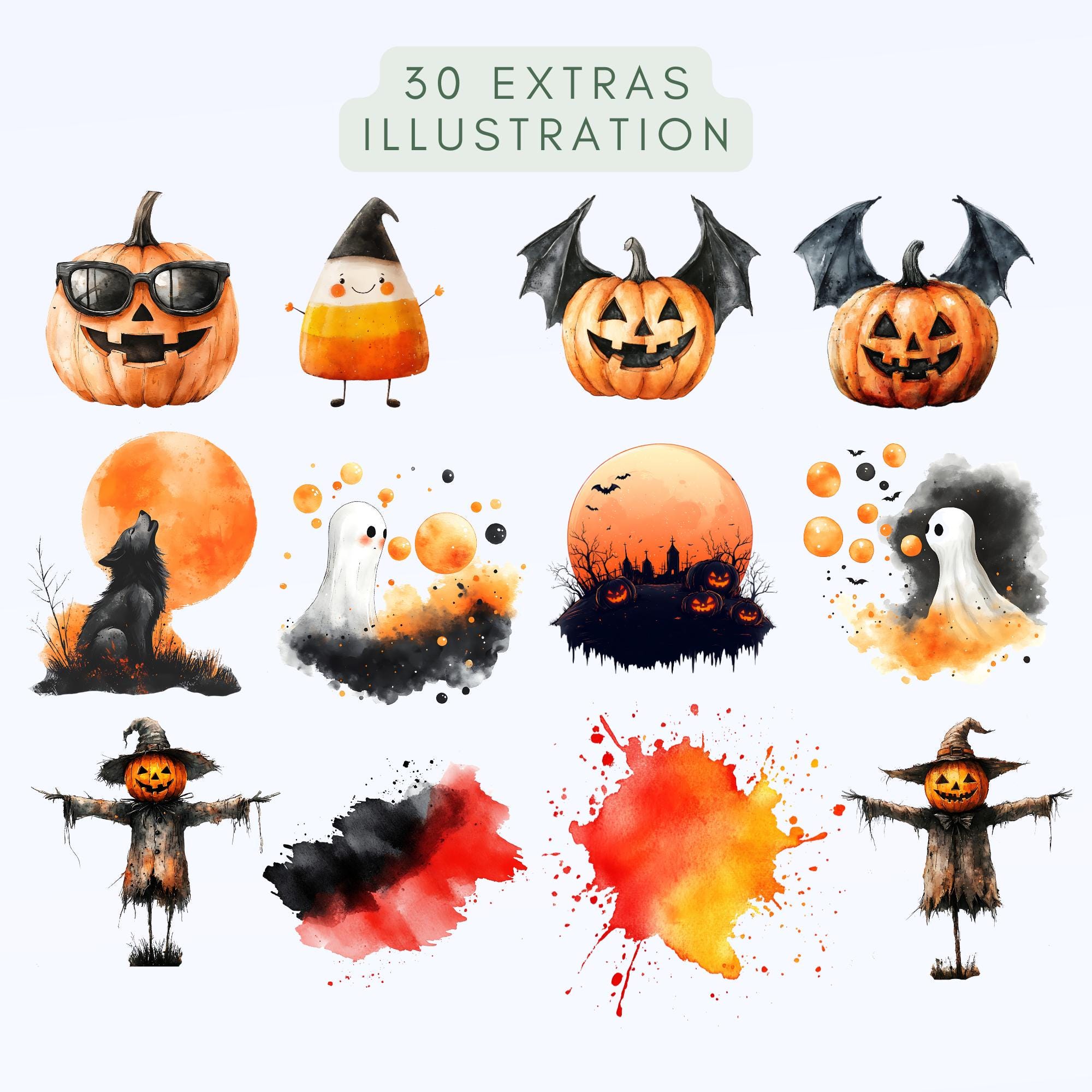 Watercolor Halloween Clipart Bundle, 100 PNG Files, Spooky Cute ...