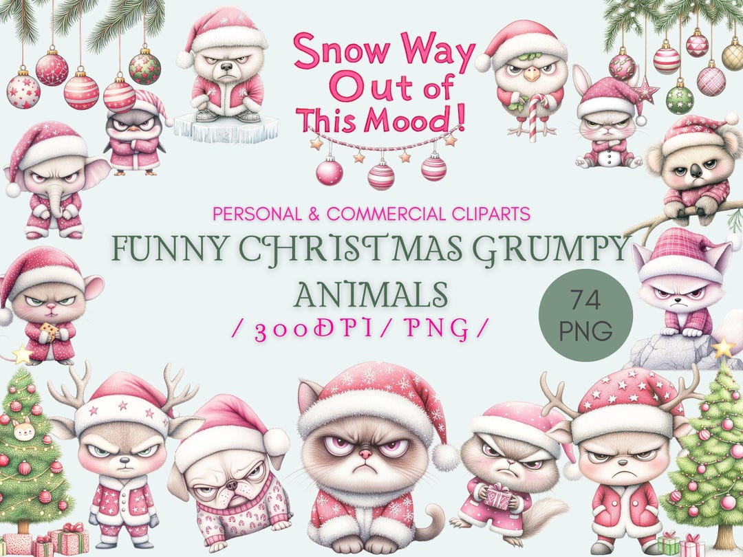 Funny Christmas Clipart, Grumpy Animals Clipart, Christmas Animal PNG ...