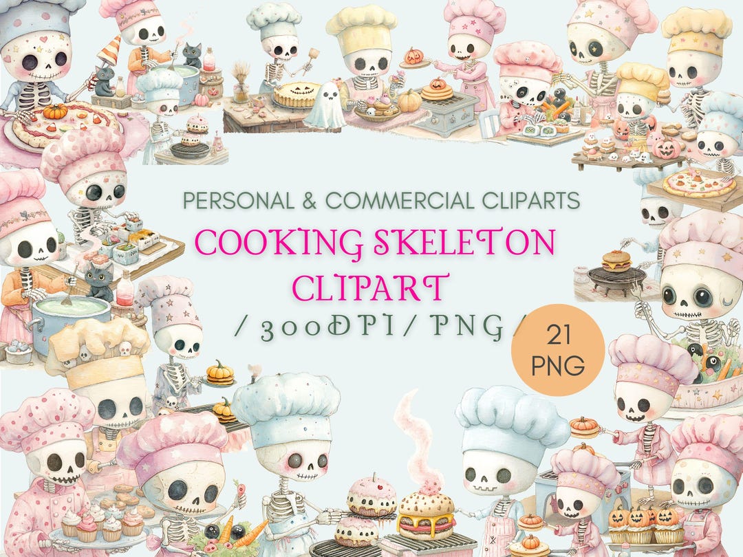 Spooky Kitchen Clipart Bundle: Cute Skeletons, Pastel Ghosts, Kawaii ...