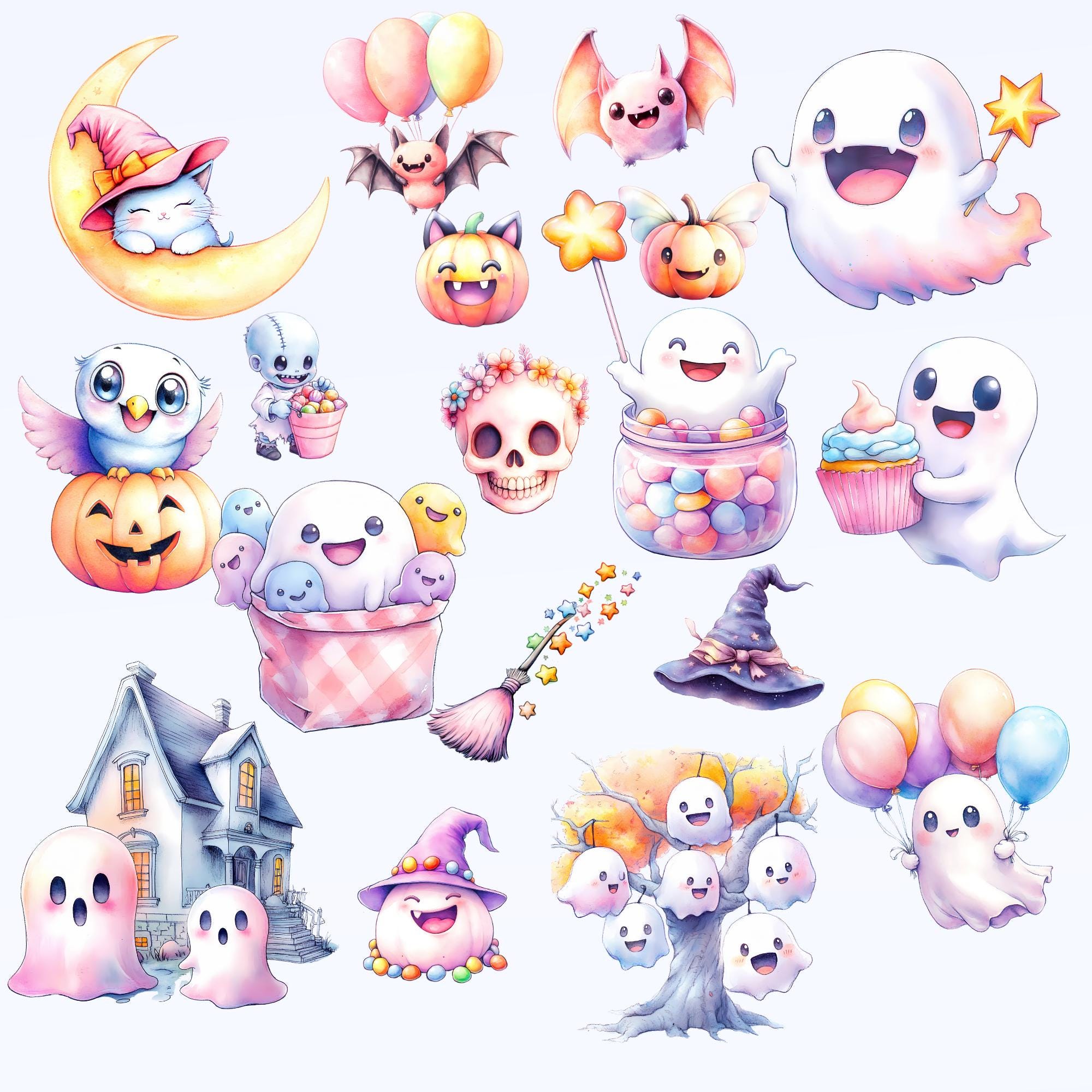 Watercolor Cute Halloween Clipart, Cute Pastel Halloween Clipart, Pink ...