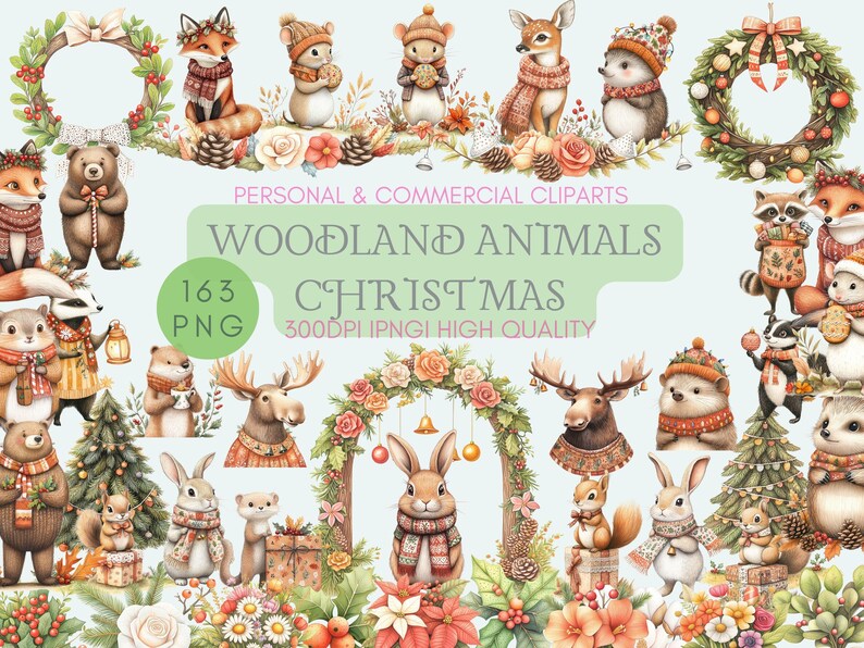 Boho Woodland Animals Christmas Clipart Watercolor Bundle of Fox, Bear ...