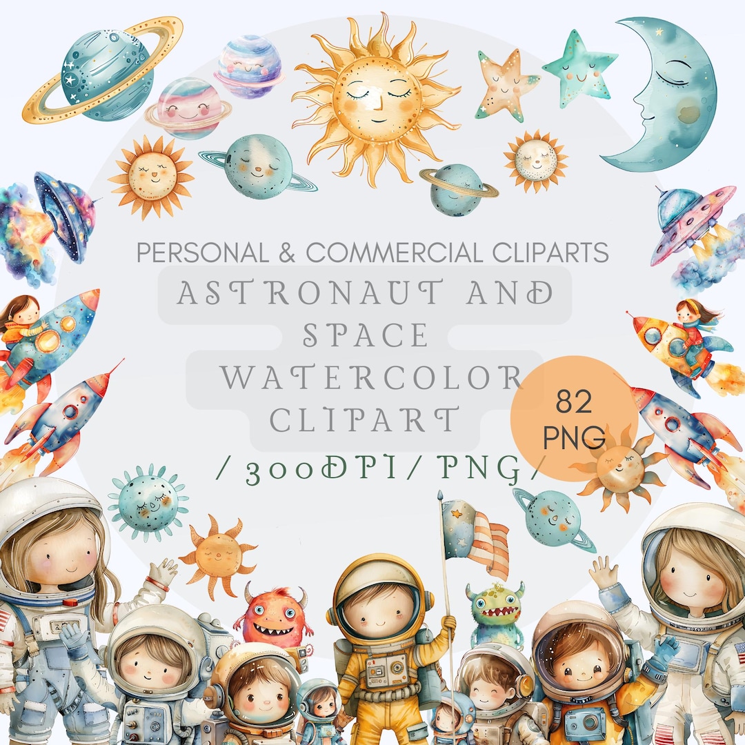 Whimsical Space Clipart Bundle: Planets, Rockets, Astronauts (82 PNG ...