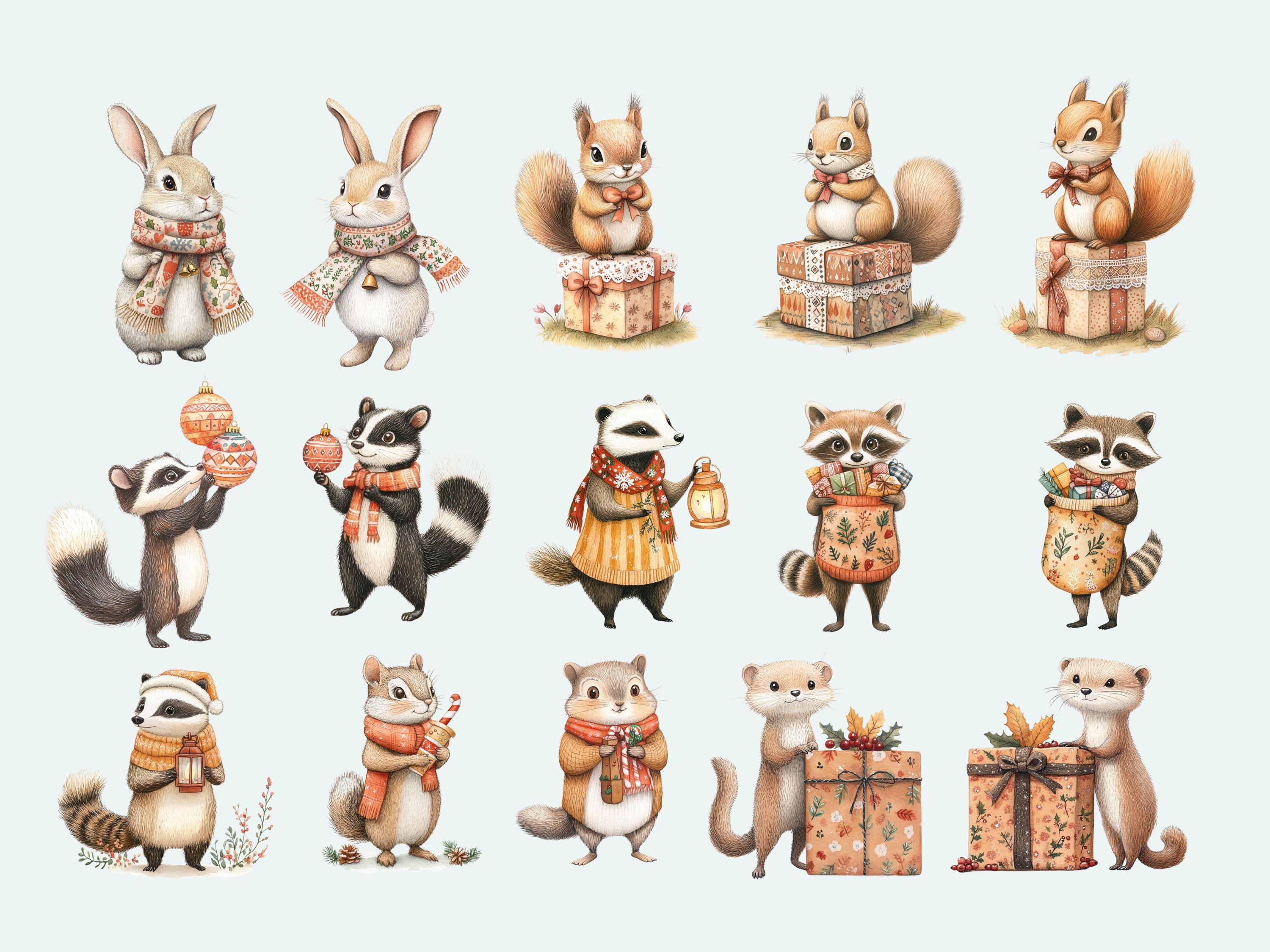 Boho Woodland Animals Christmas Clipart Watercolor Bundle of Fox, Bear ...