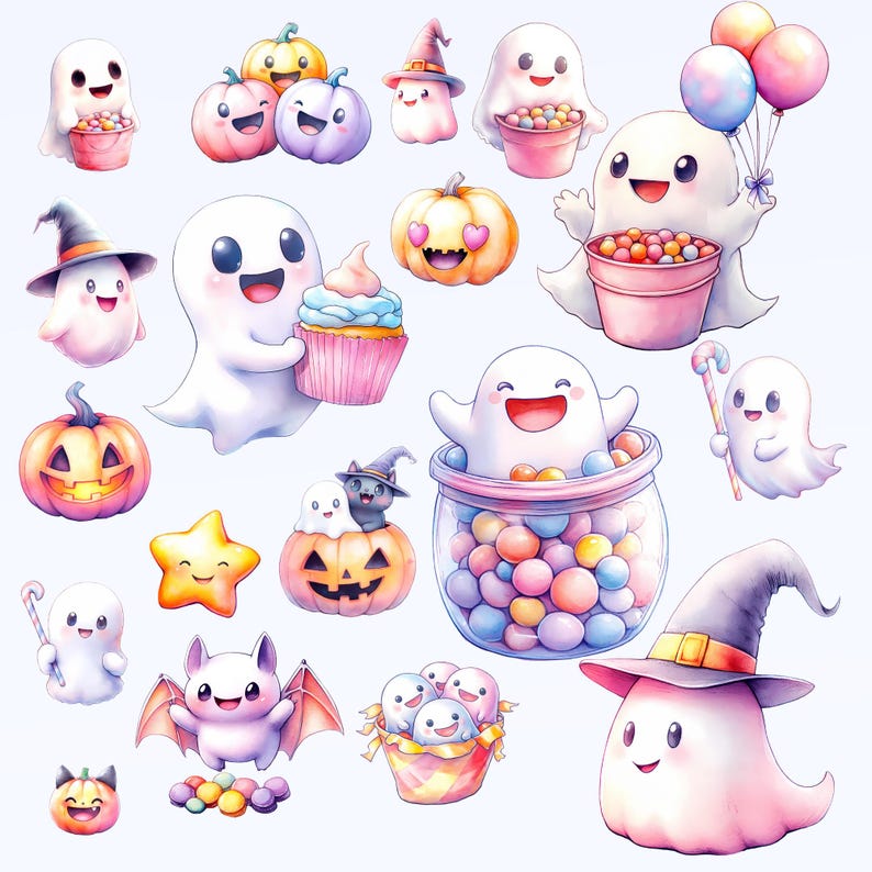 Watercolor Cute Halloween Clipart, Cute Pastel Halloween Clipart, Pink ...