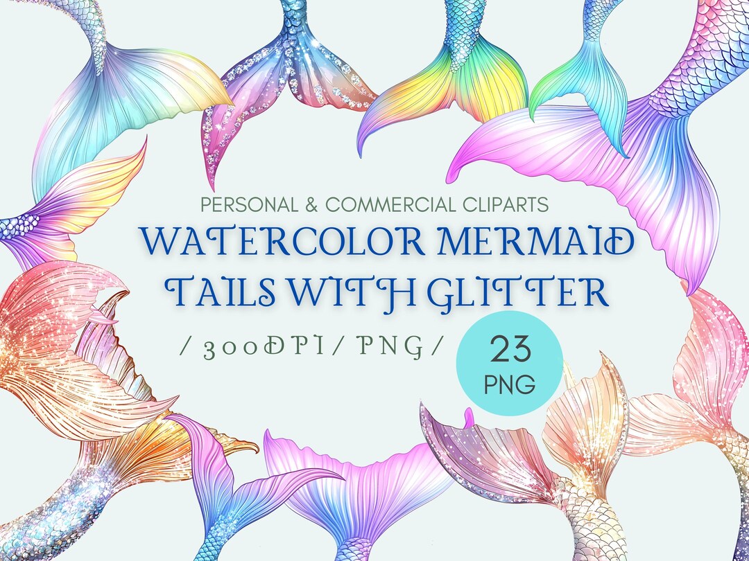 Watercolor Mermaid Tail Clipart, Transparent PNG, Instant Download ...